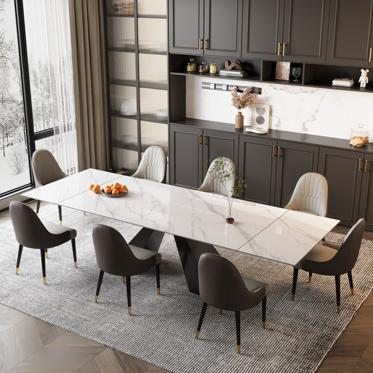 Everly Quinn Tanjala 9 - Piece 110.23'' Extendable Sintered Stone Dining Table with 8 Leather ...